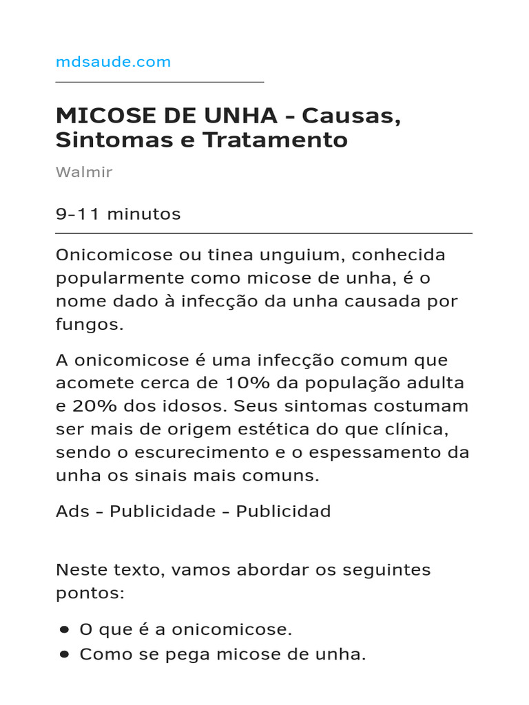 MICOSE DE UNHA - Causas Sintomas e Tratamento | PDF | Unha | Diabetes