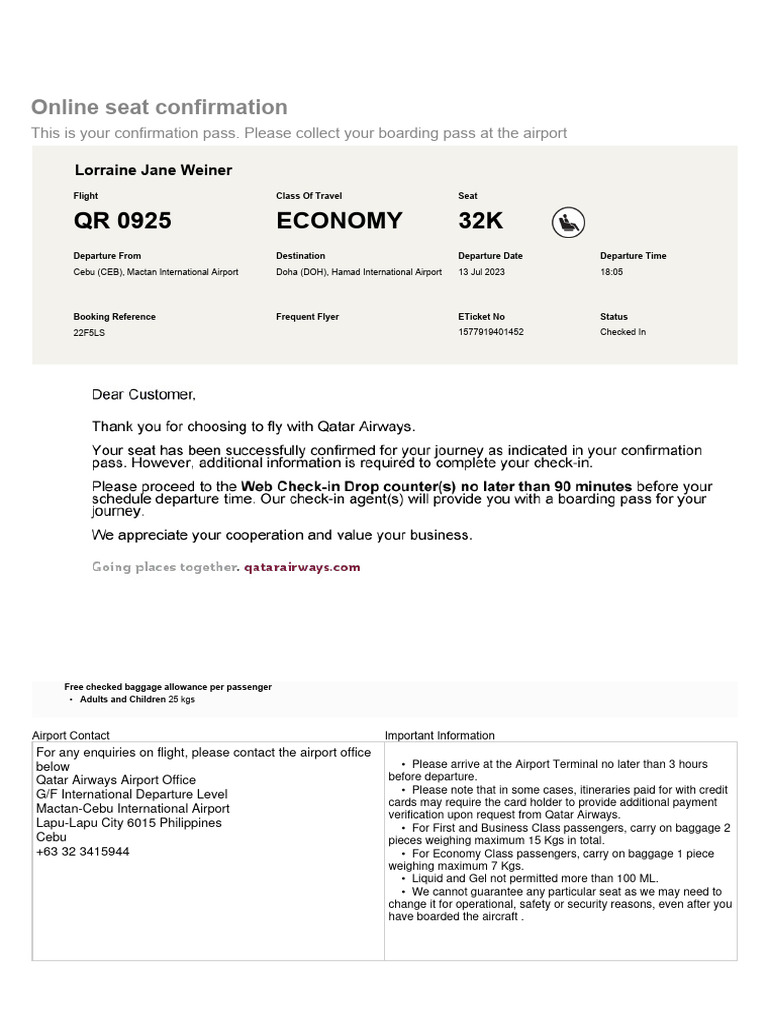 Confirmation Pass For Lorraine Jane Weiner | PDF | Airport | Civil Aviation Confirmation Pass For Lorraine Jane Weiner | PDF | Airport | Civil Aviation