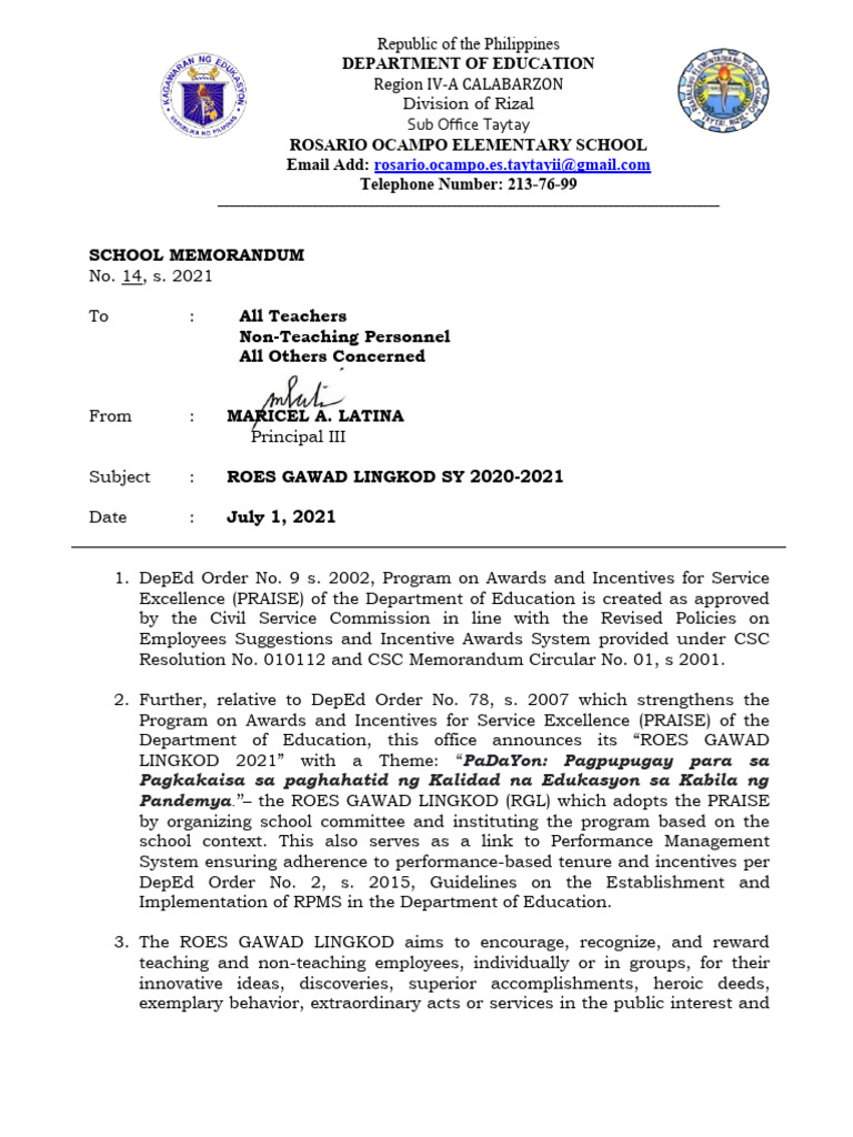 Schoo Memorandum No. 14 S. 2021 | PDF | Incentive