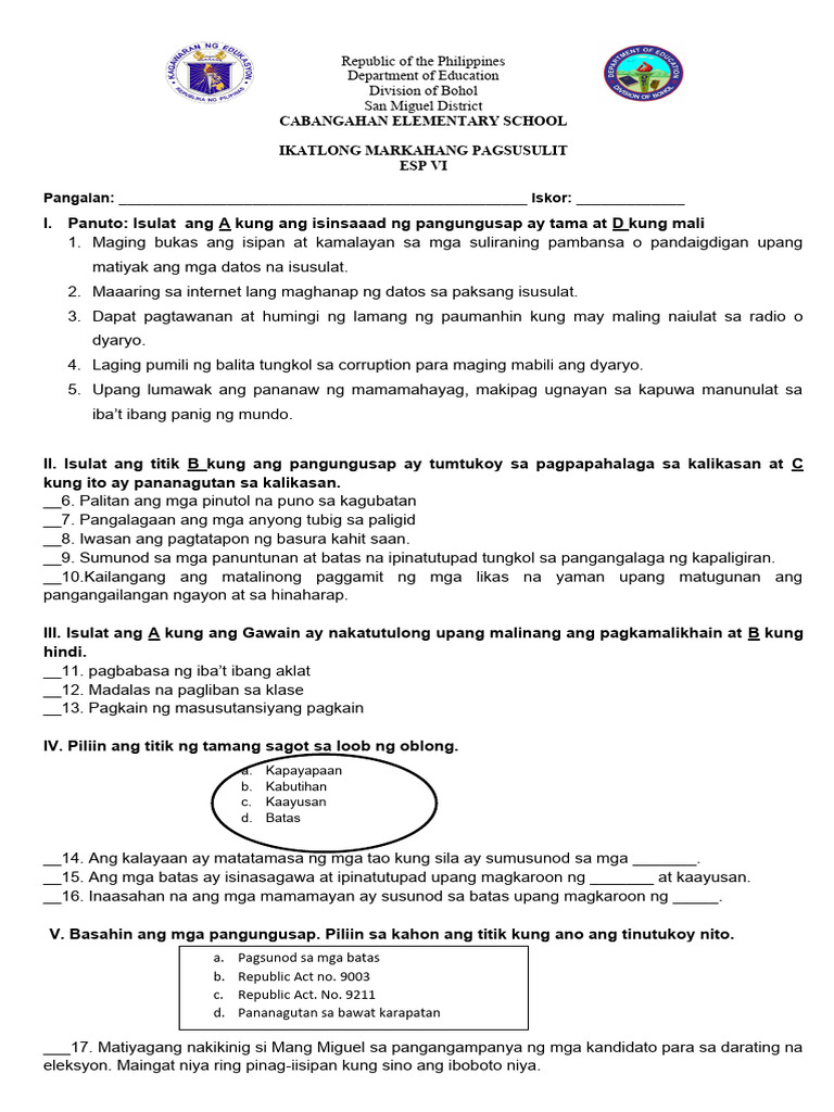 Third Quarterly Test in Esp 6 1 | PDF