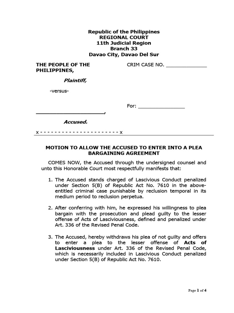 Motion To Plea Bargain 3 | PDF | Plea | Plea Bargain