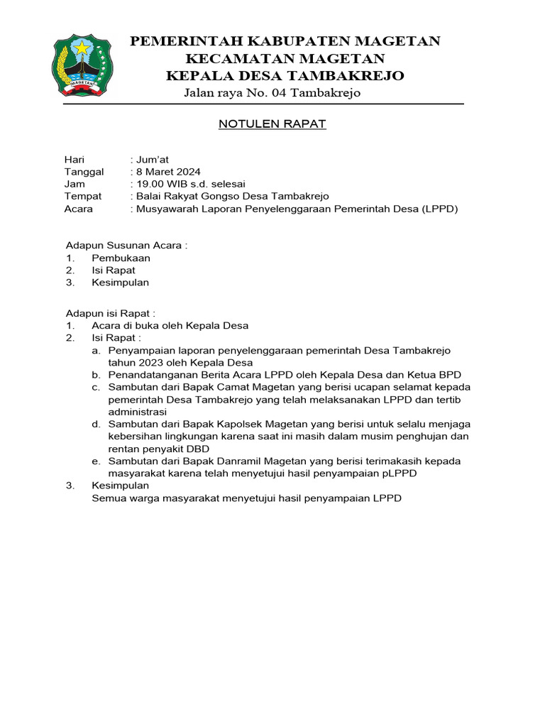 Notulen 8 Maret 2024 - Musdes LPPD | PDF