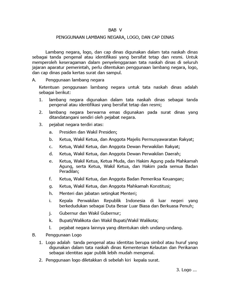 6-BAB V PENGGUNAAN LAMBANG NEGARA, LOGO DAN CAP DINAS 2 Edit Puskita | PDF