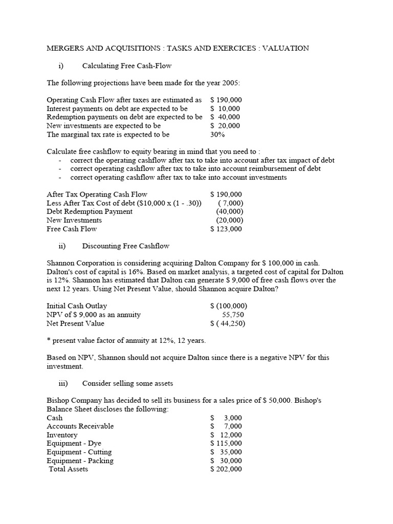 Mergers and Acquisitions Question List and Exercices Valuation With Full Solutions | PDF | Net ...