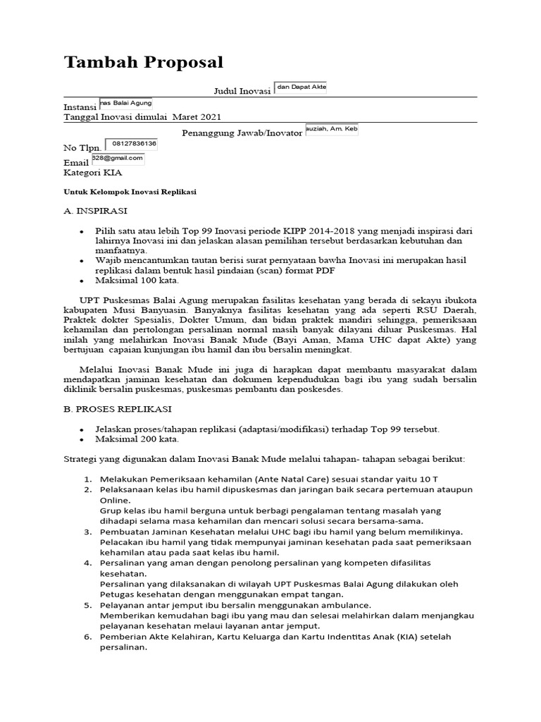 Isian Proposal Inovasi Banak Mude | PDF