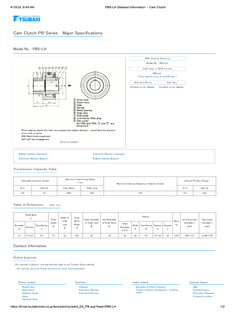 PB5-LH Detailed Information - Cam Clutch | PDF | Clutch | Mechanical ...