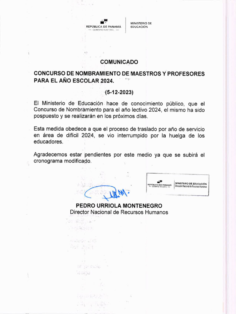 Comunicado - Concurso de Nombramiento de Maestros y Profesores 2024 | PDF