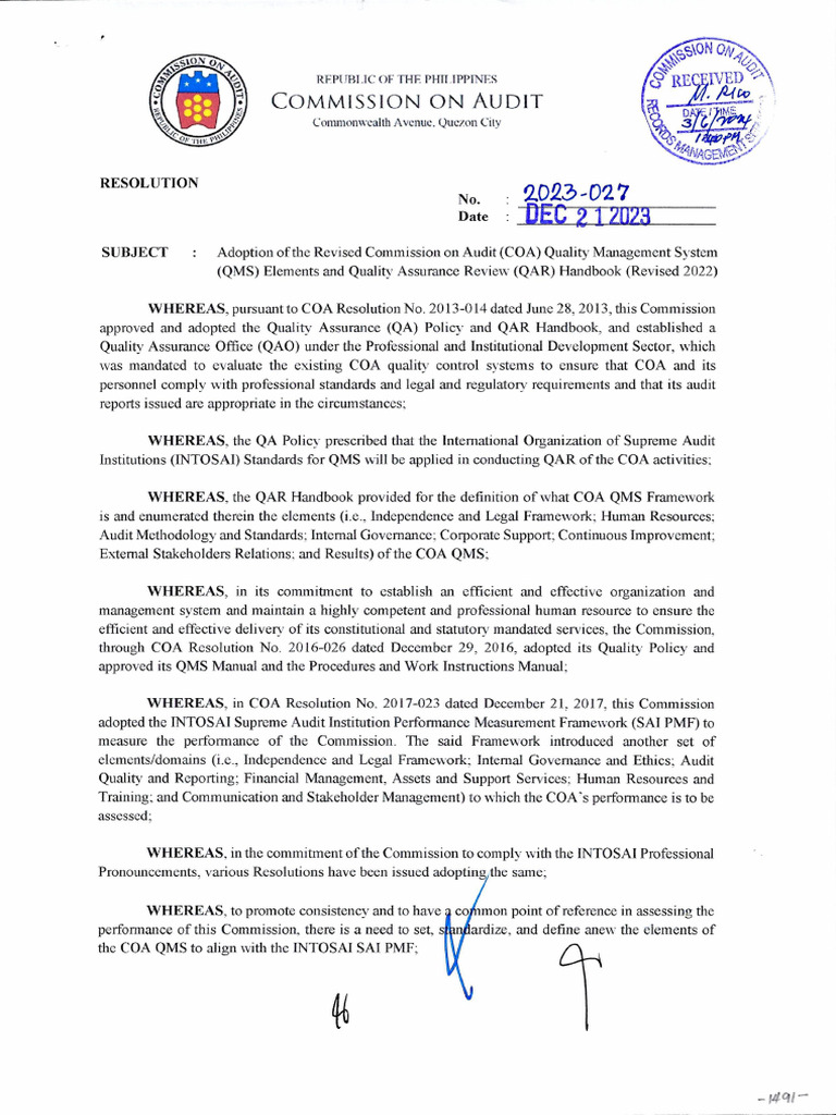 COA RESOLUTION NO. 2023 - 027 - 0001 - Adoption of QMS & QAR | PDF ...