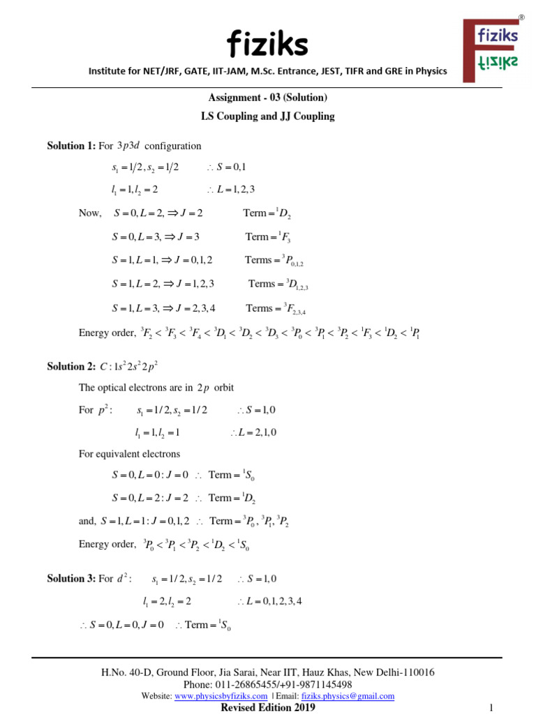 Assignment-3 - Solution - LS Coupling and JJ Coupling | PDF | Physical ...