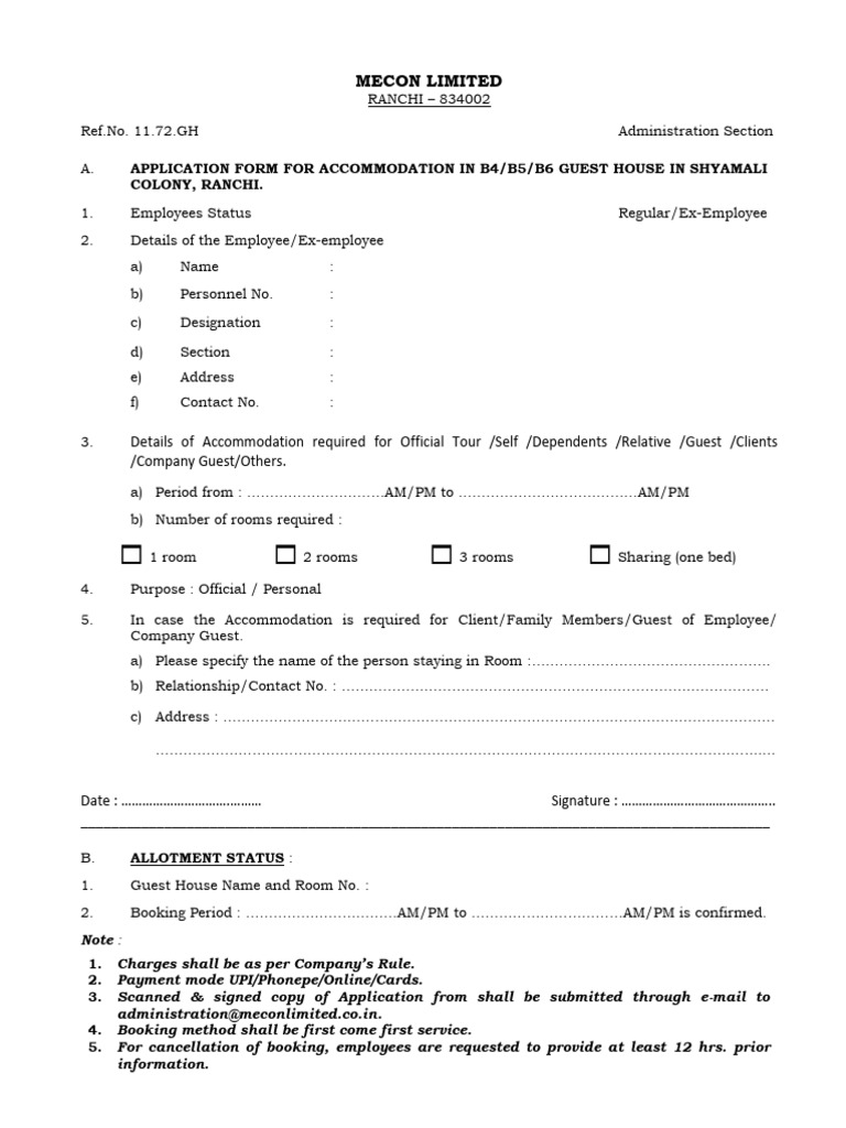 Guest House Accommodation Application Form | PDF | Technology & Engineering