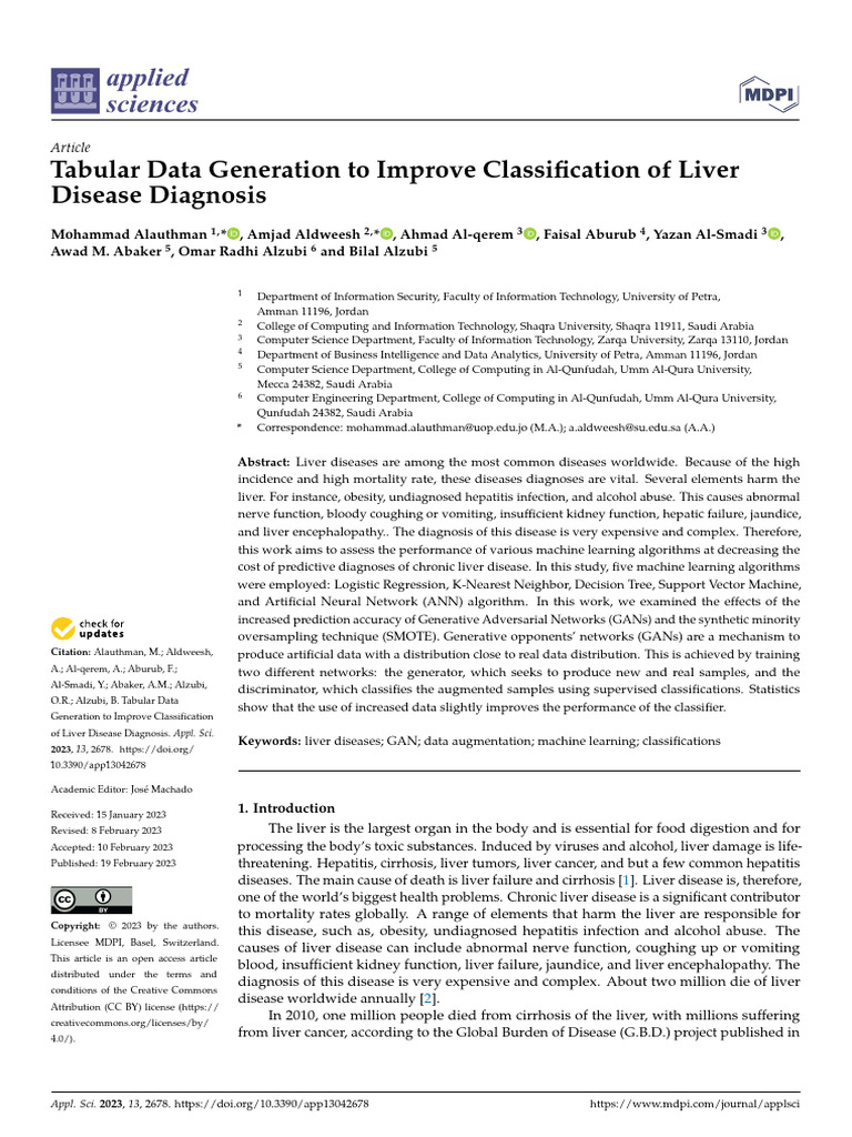 Tabular Data Generation To Improve Classification of Liver Disease DiagnosisApplied Sciences ...