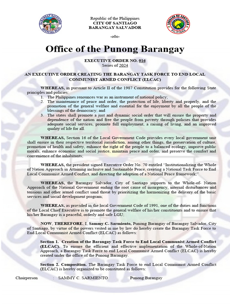 Executive Order No. 016 S. 2023 - REORGANIZATION THE BARANGAY TASK ...