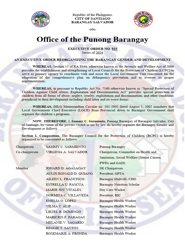Executive Order for Barangay GAD | PDF | Child Care | Justice