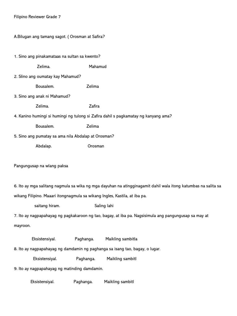 Reviewer in Filipino Grade 7 | PDF