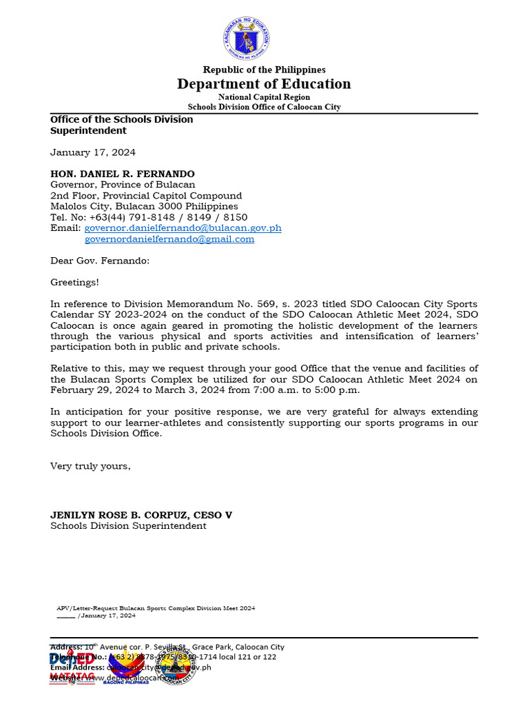 Letter Request Venue Bulacan Sports Complex | PDF