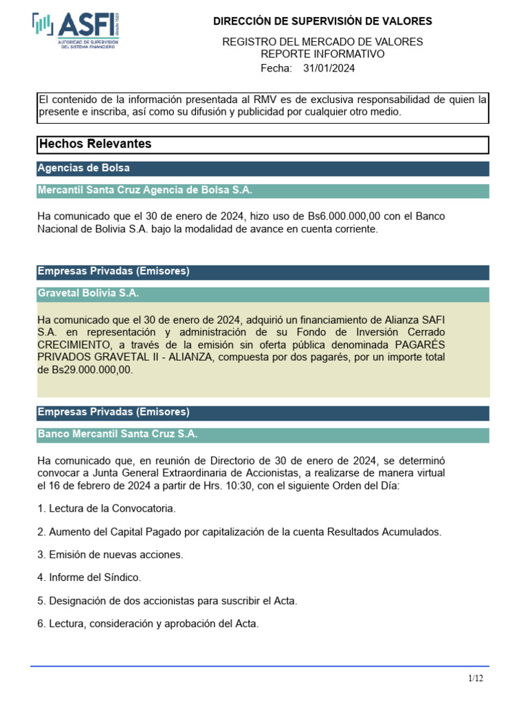 Reporte Informativo ASFI Al 31-01-2024 | Descargar gratis PDF | Bolsa ...