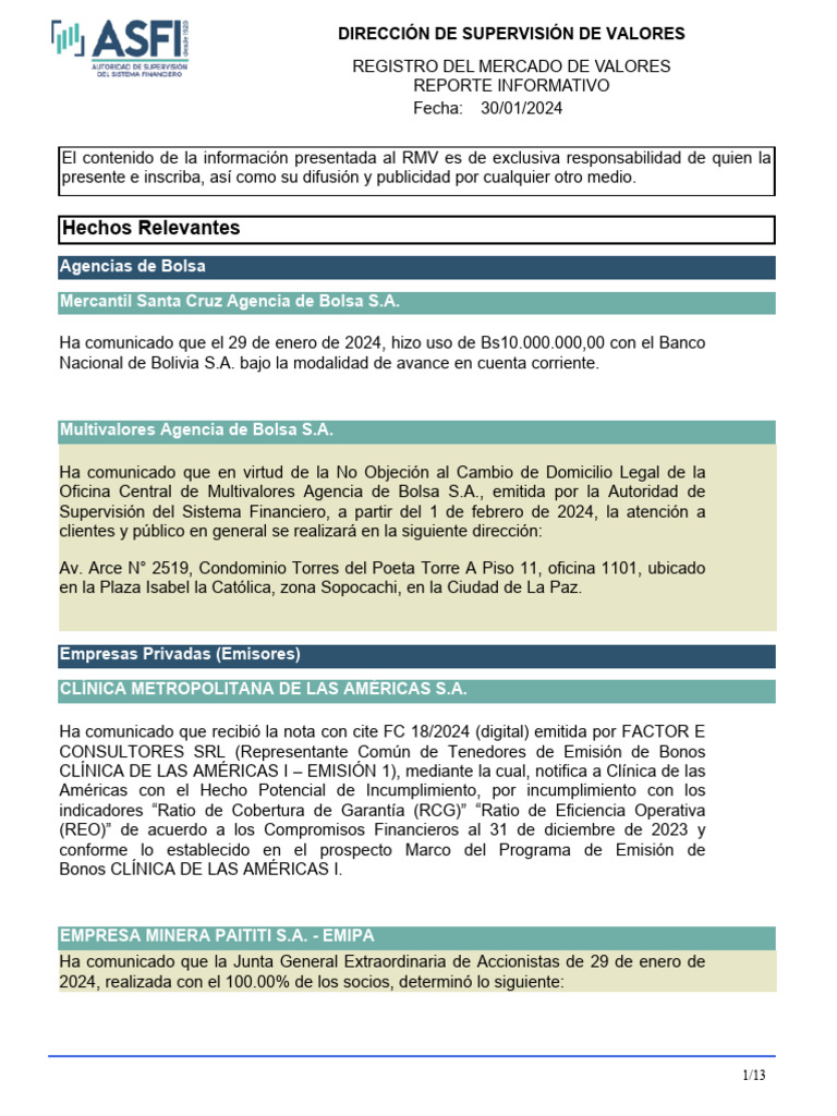 Reporte Informativo ASFI Al 30-01-2024 | PDF | Bolsa | Corporaciones