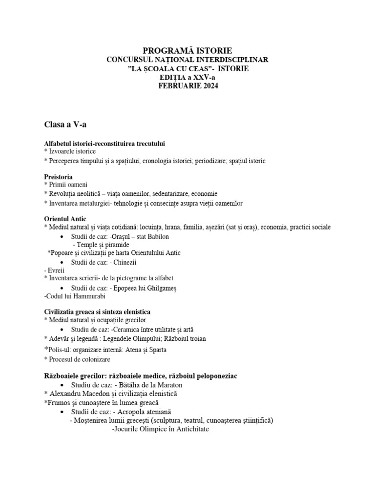 Programa Concurs Istorie La Ceas Scoala Cu Ceas2024 | PDF
