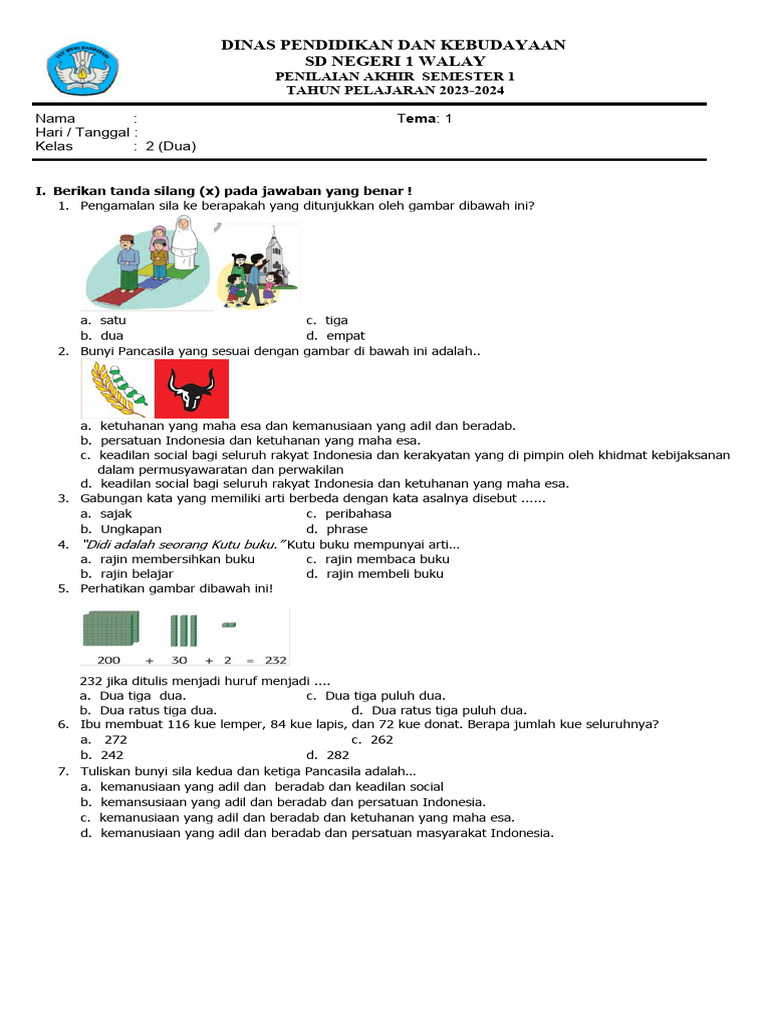 Soal PAS Kelas 2 Sem 1 Tema 1 - Reupload Kamimadrasah | PDF