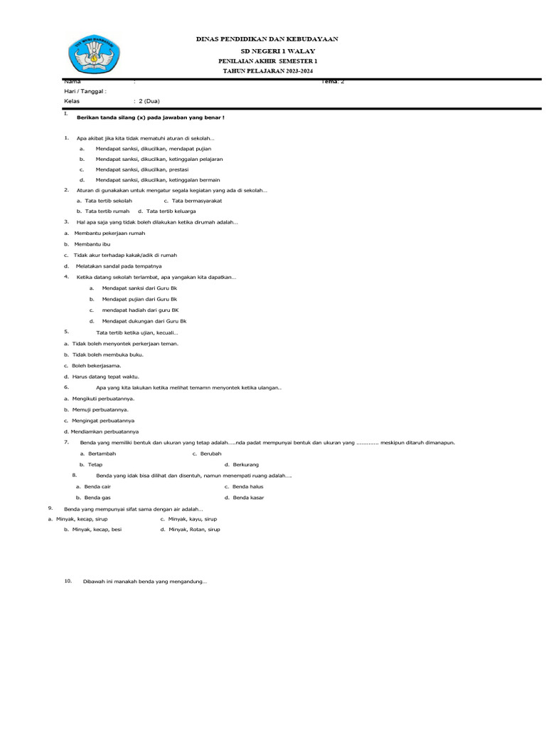 Soal PAS Kelas 2 Sem 1 Tema 2 - Reupload Kamimadrasah | PDF