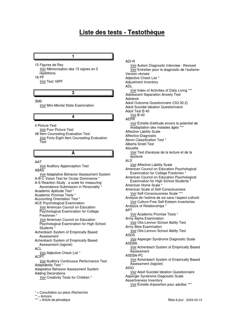 Liste Des Tests | PDF | Asperger Syndrome | Psychological Evaluation