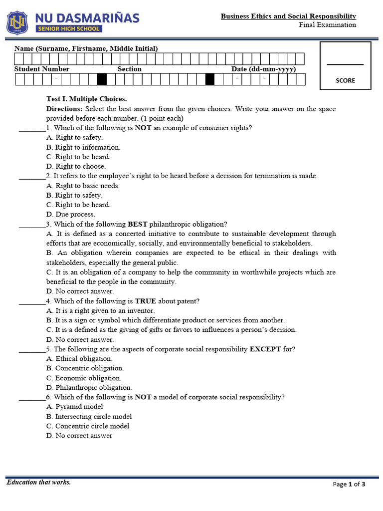 Business Ethics and Social Responsibilities - FinalExamination - Term2 ...