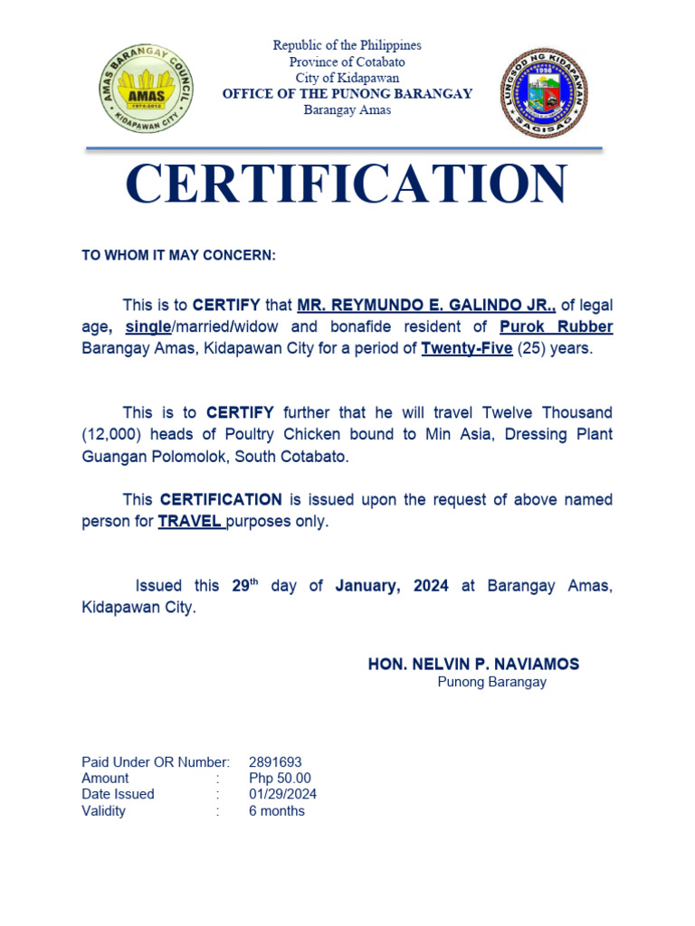 Barangay Certification For Travel (Chicken) | PDF | Economy Of The ...