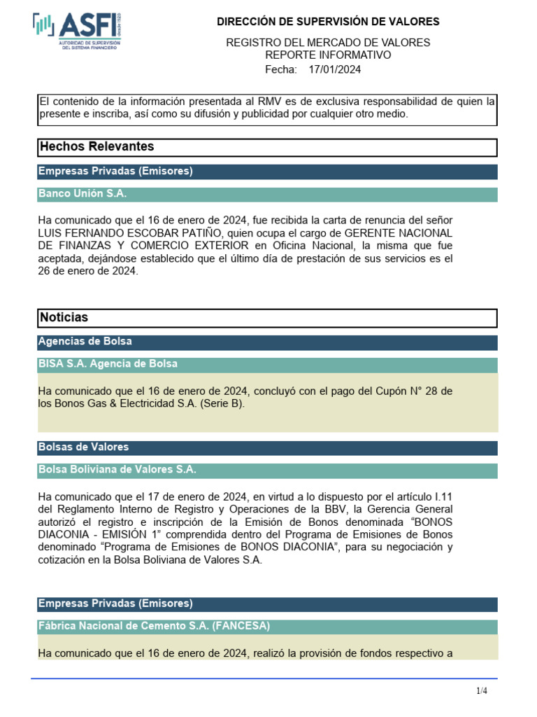 Reporte Informativo ASFI Al 17-01-2024 | PDF | Bolsa | Bolsa de Valores