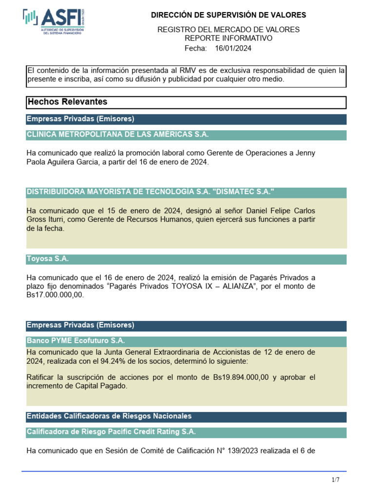 Reporte_Informativo_ASFI_al_16_01_2024 | PDF | Bolsa | Bolsa de Valores