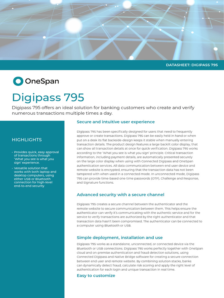 OneSpan Datasheet Digipass 795 | PDF | Computing | Security Technology