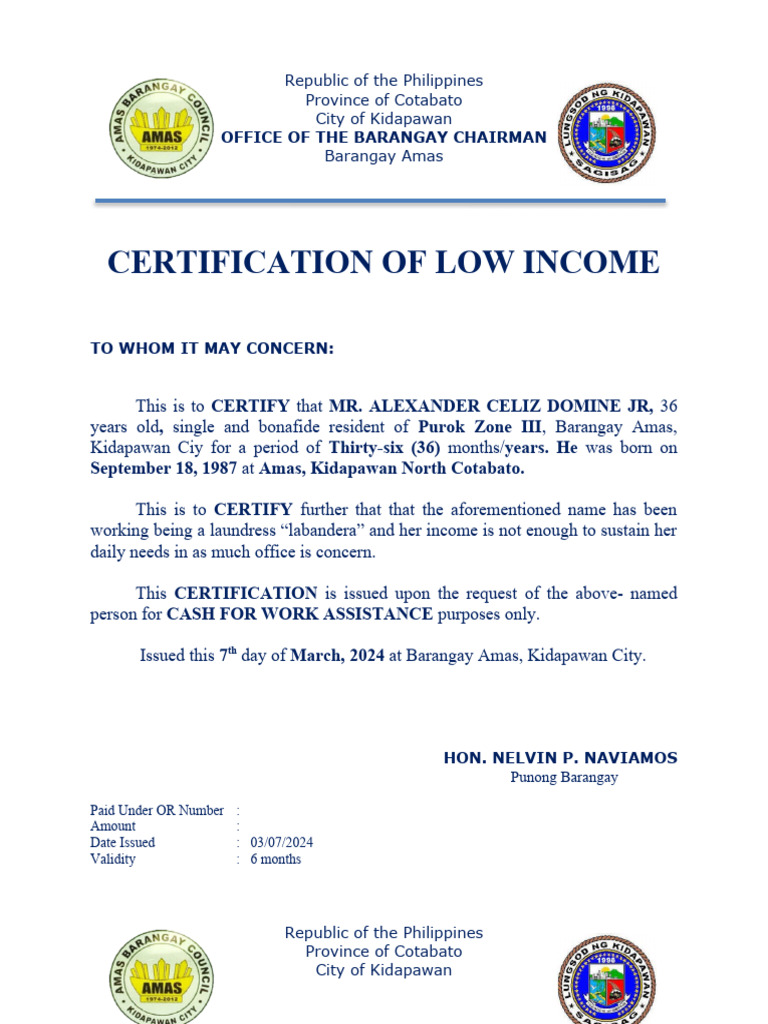 Certificate of Low Income | PDF | Sports & Recreation