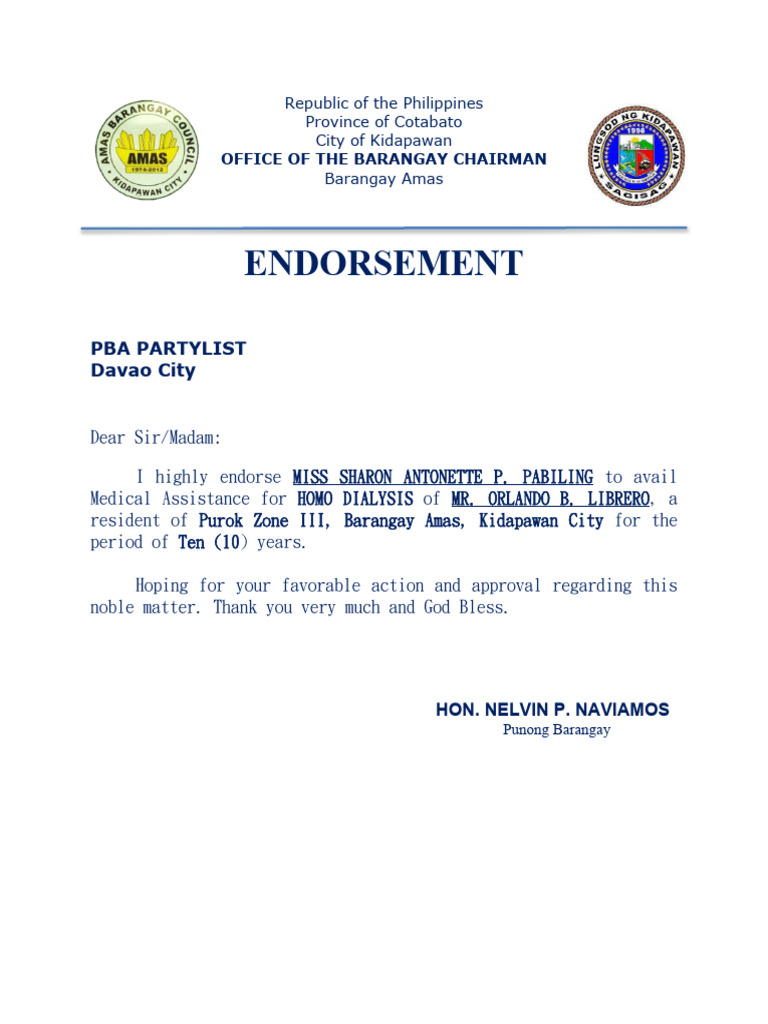 Endorsement To Pba Partylist | PDF