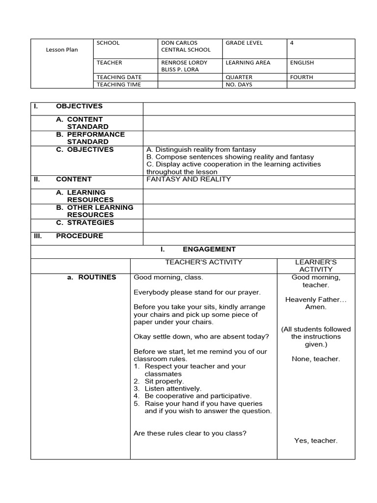 Lesson Plan English | PDF | Teachers | Lesson Plan