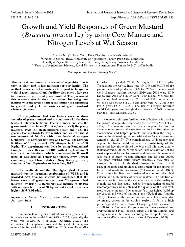 Growth and Yield Responses of Green Mustard (Brassica Juncea L.) by Using Cow Manure and ...