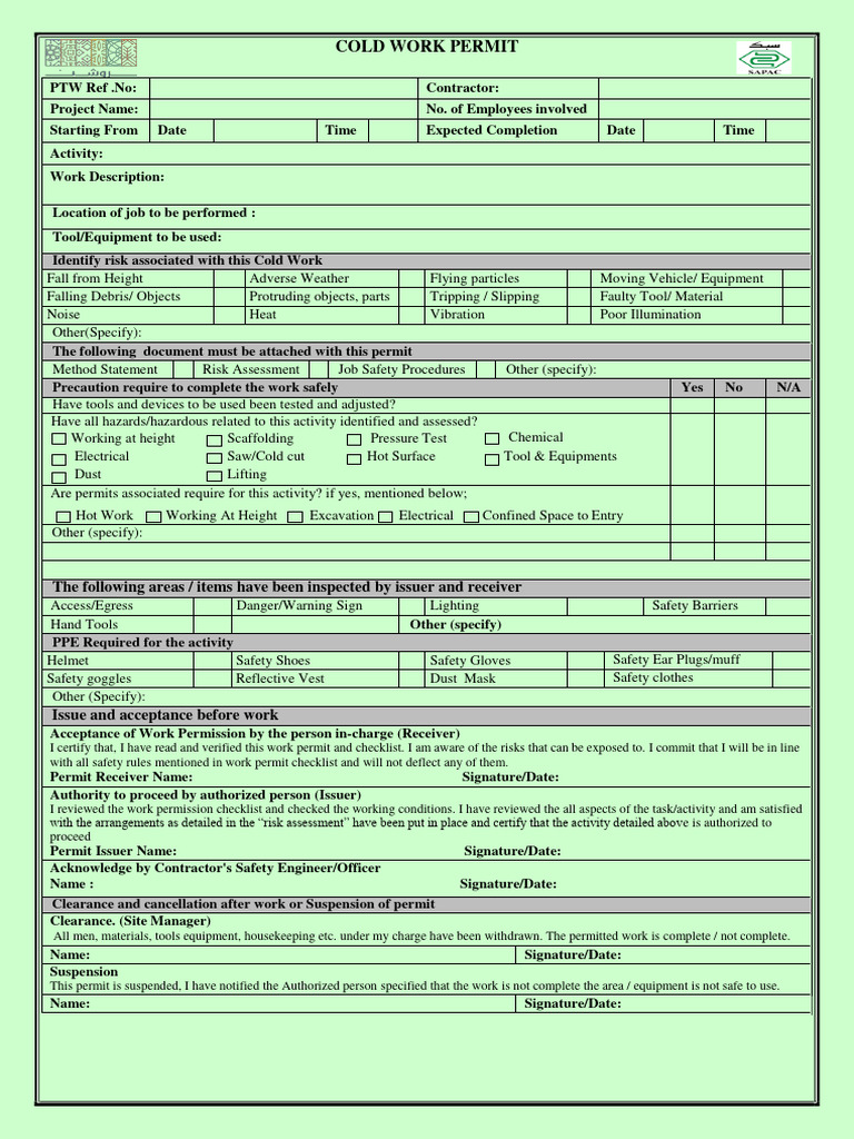 Cold Work Permit Form | PDF