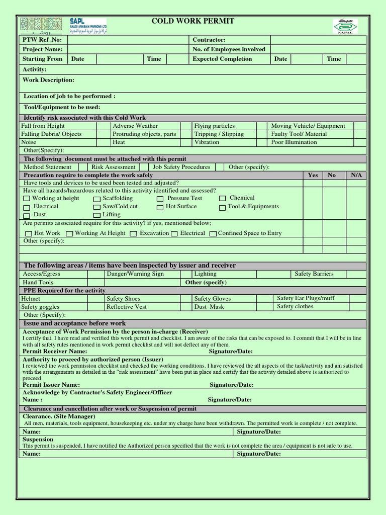 Cold Work Permit Form 2 | PDF | Personal Protective Equipment | Safety