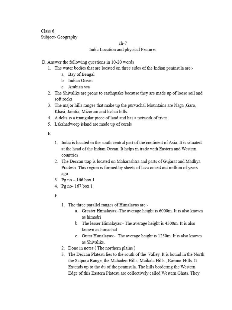 ch-7 (Indian Location and Physical Features) Ques Answers Class 6 | PDF