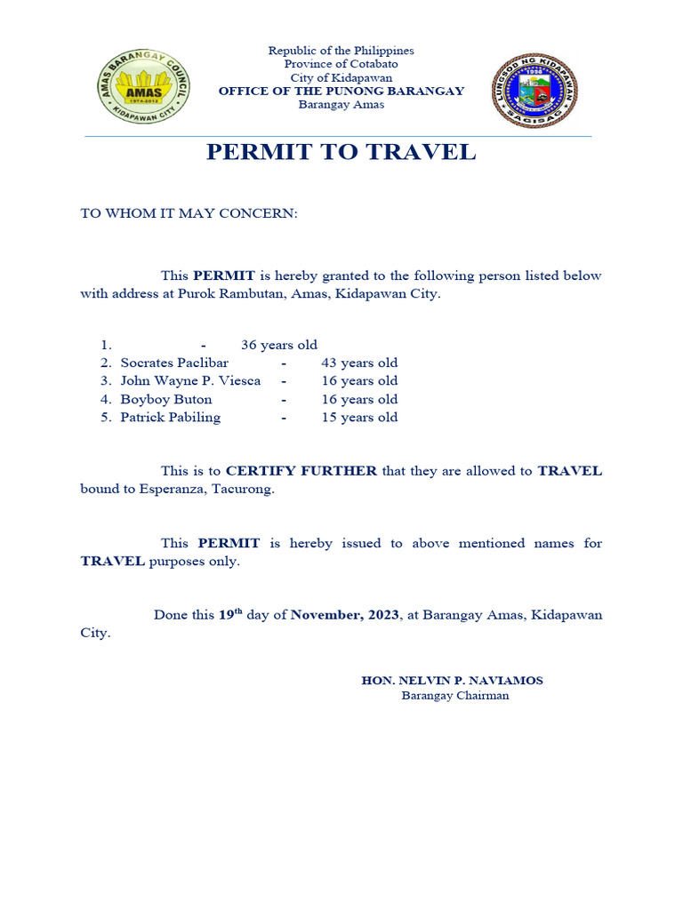 Barangay Travel Permit Issued | PDF | Sports & Recreation