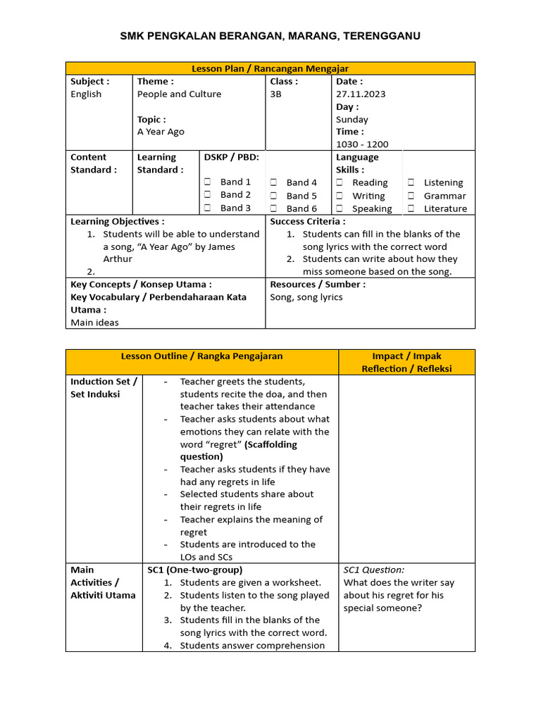 Lesson Plan - James Arthur A Year Ago | PDF | Lesson Plan | Reading ...