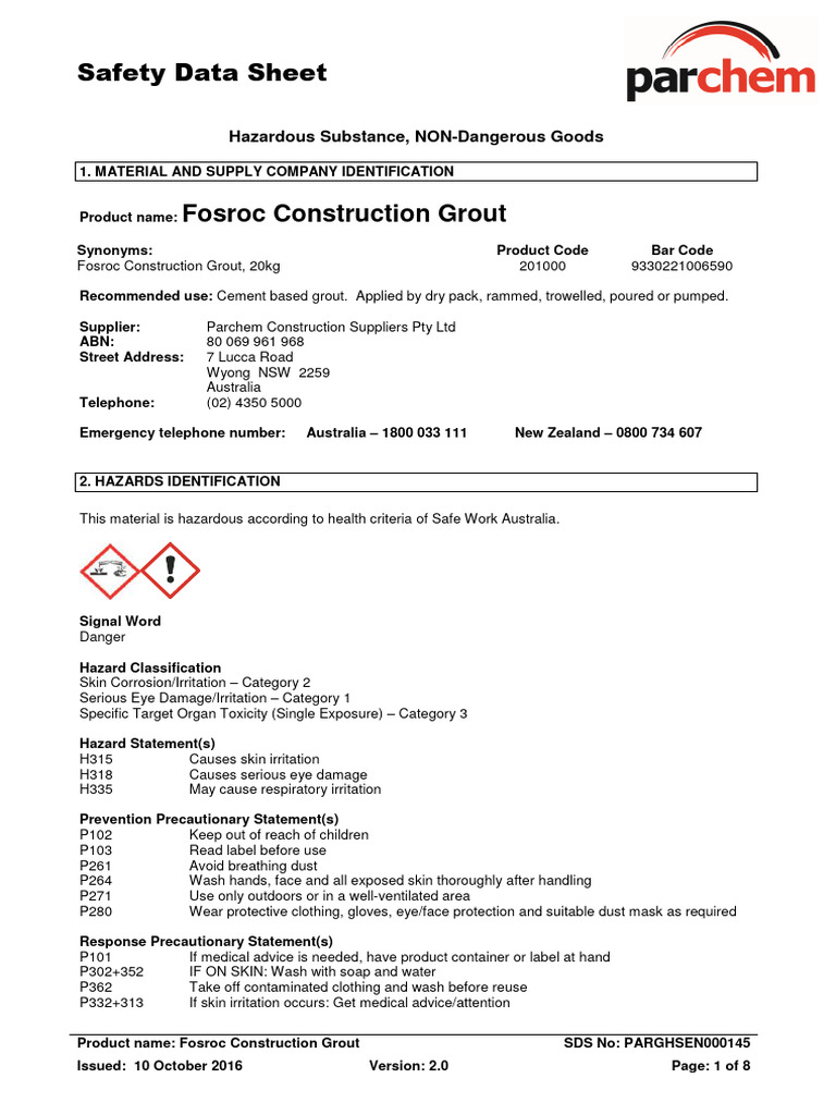 Fosroc Construction Grout Safety Data Sheet | PDF | Dangerous Goods ...