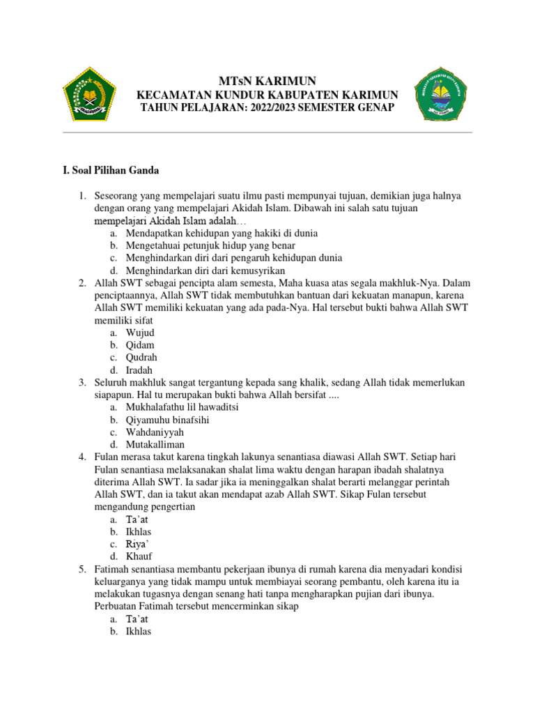 Soal Akidah Akhlak Kls 7 | PDF | Agama & Spiritualitas