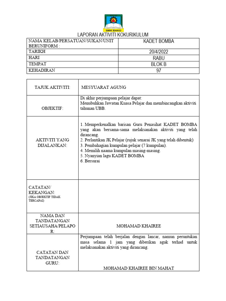 Laporan Aktiviti Kadet Bomba 1 | PDF