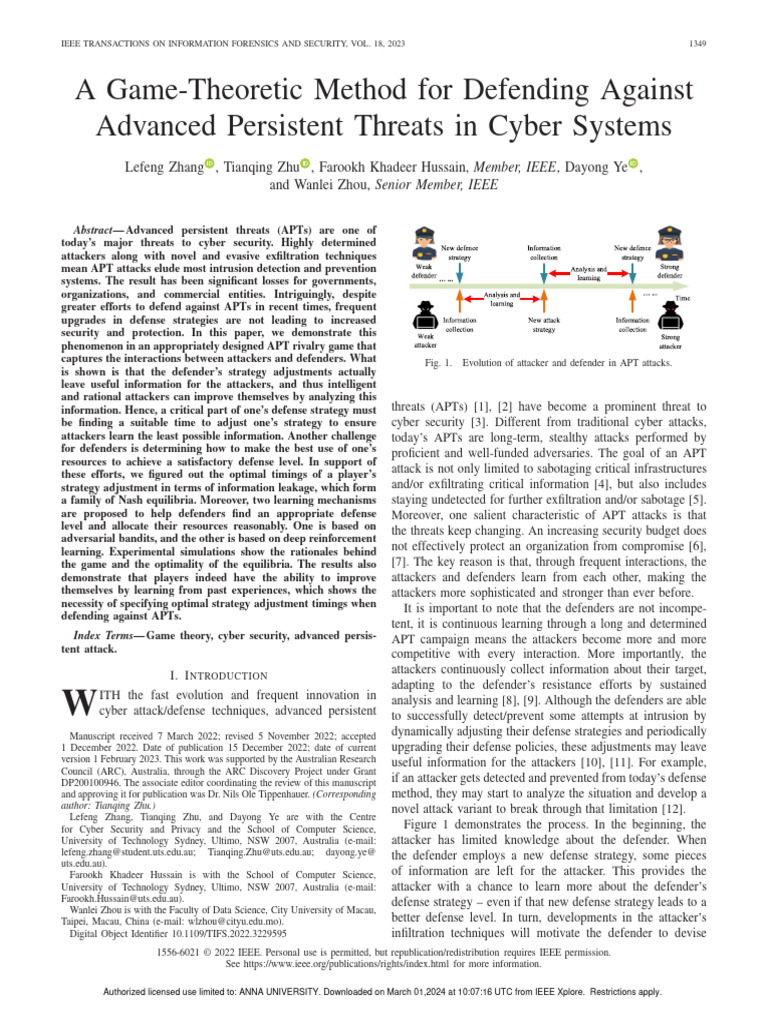 Defending Against APTs with Game Theory | PDF | Game Theory | Economic ...