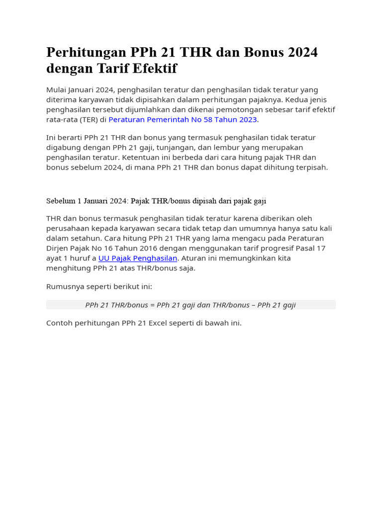 Perhitungan PPH 21 THR Dan Bonus 2024 Dengan Tarif Efektif | PDF
