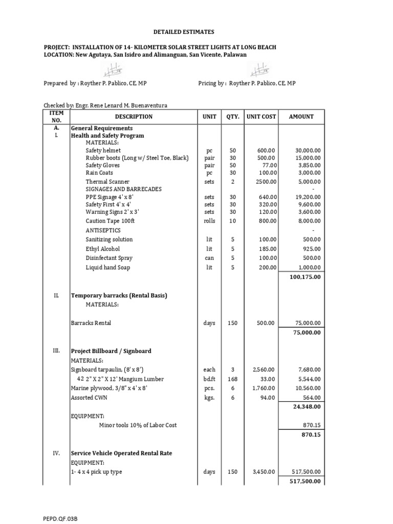Solar Street Lights - Estimate 1 | PDF