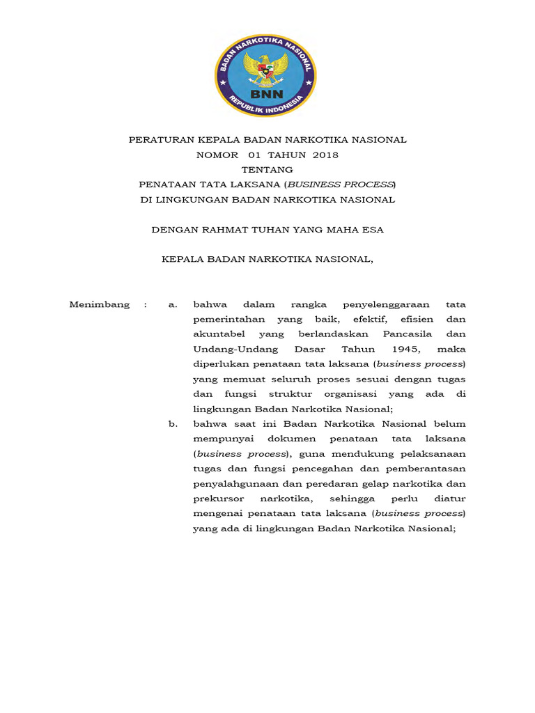 Peraturan Kepala BNN No. 01 Tahun 2018 - Business Process | PDF