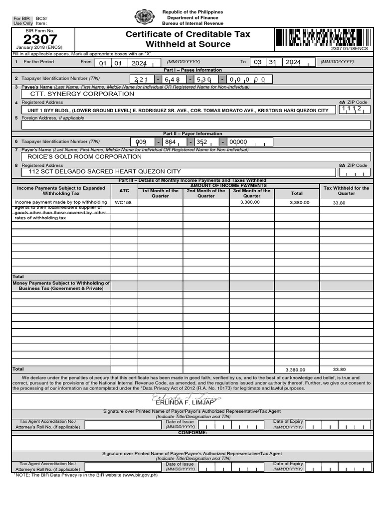 2307 - CTT Synergy - Corporation | PDF | Withholding Tax | Corporate Tax