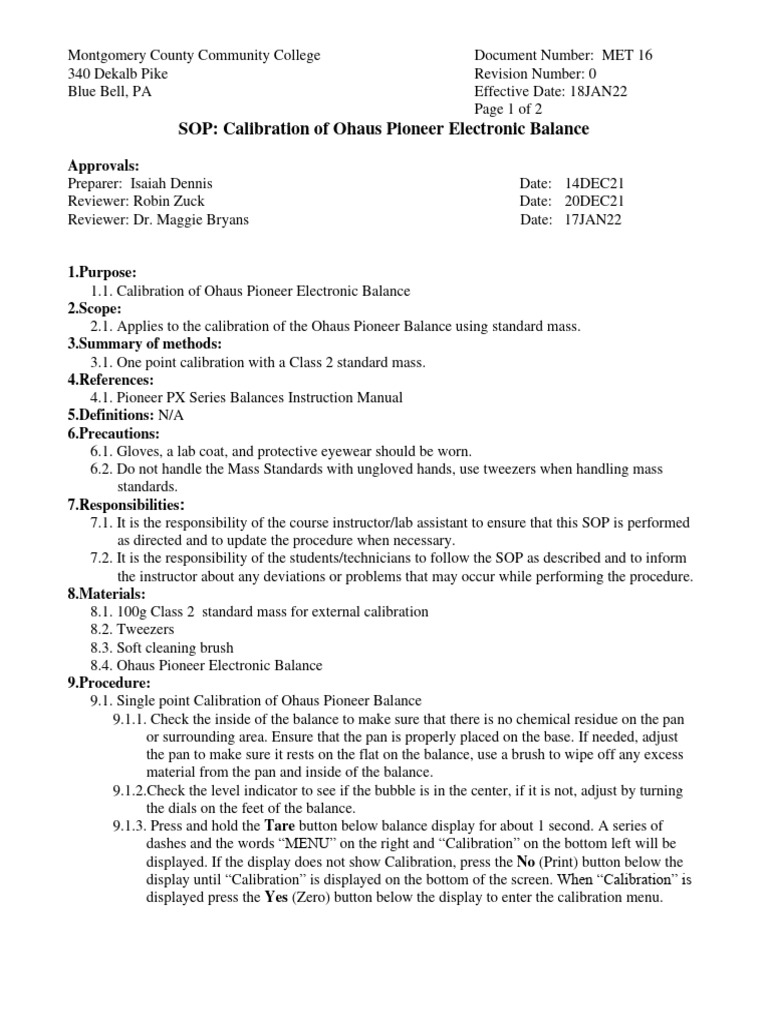 SOP For Calibration of Ohaus Pioneer Electronic Balance | PDF ...