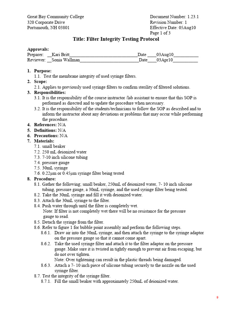 Filter Integrity Testing Protocol | PDF | Syringe