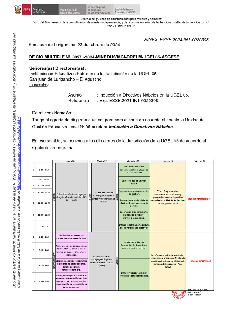 Oficio Multiple 027 2024 Asgese Induccion Directivos | PDF